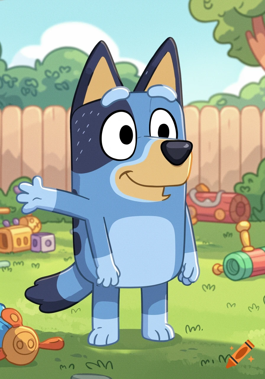 Bluey cartoon character stands in a backyard on Craiyon