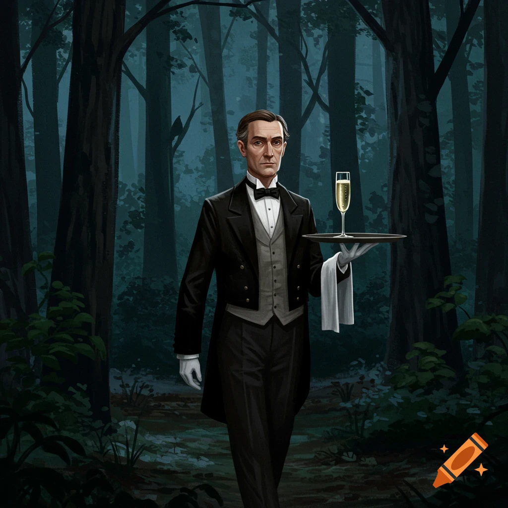Illustration of a butler in a tuxedo carrying champagne on a tray in a ...