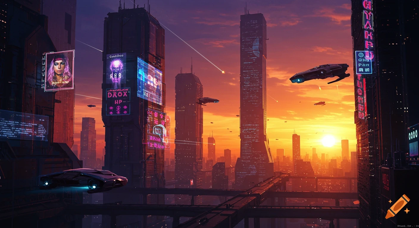 A futuristic cyberpunk city skyline at sunset with flying vehicles and ...