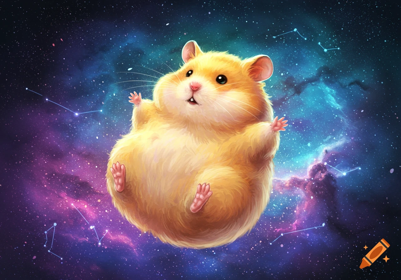 A fluffy golden hamster floats in a colorful galaxy with stars and ...