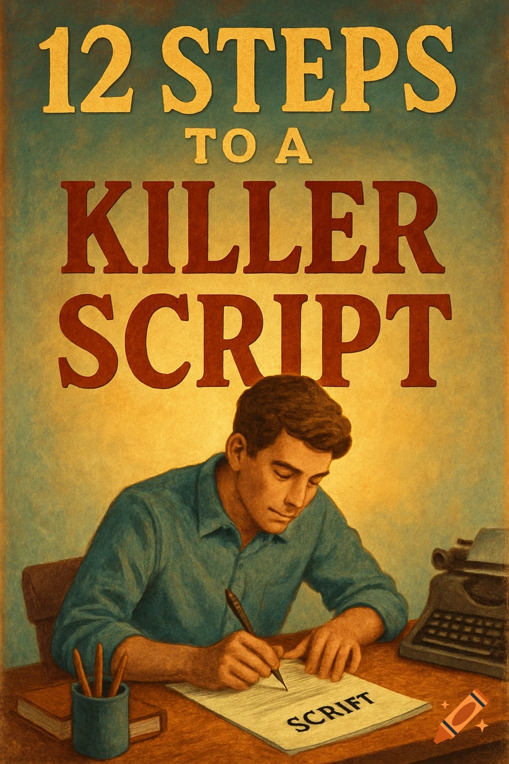 Vintage illustration of a man writing at a desk under the title '12 ...