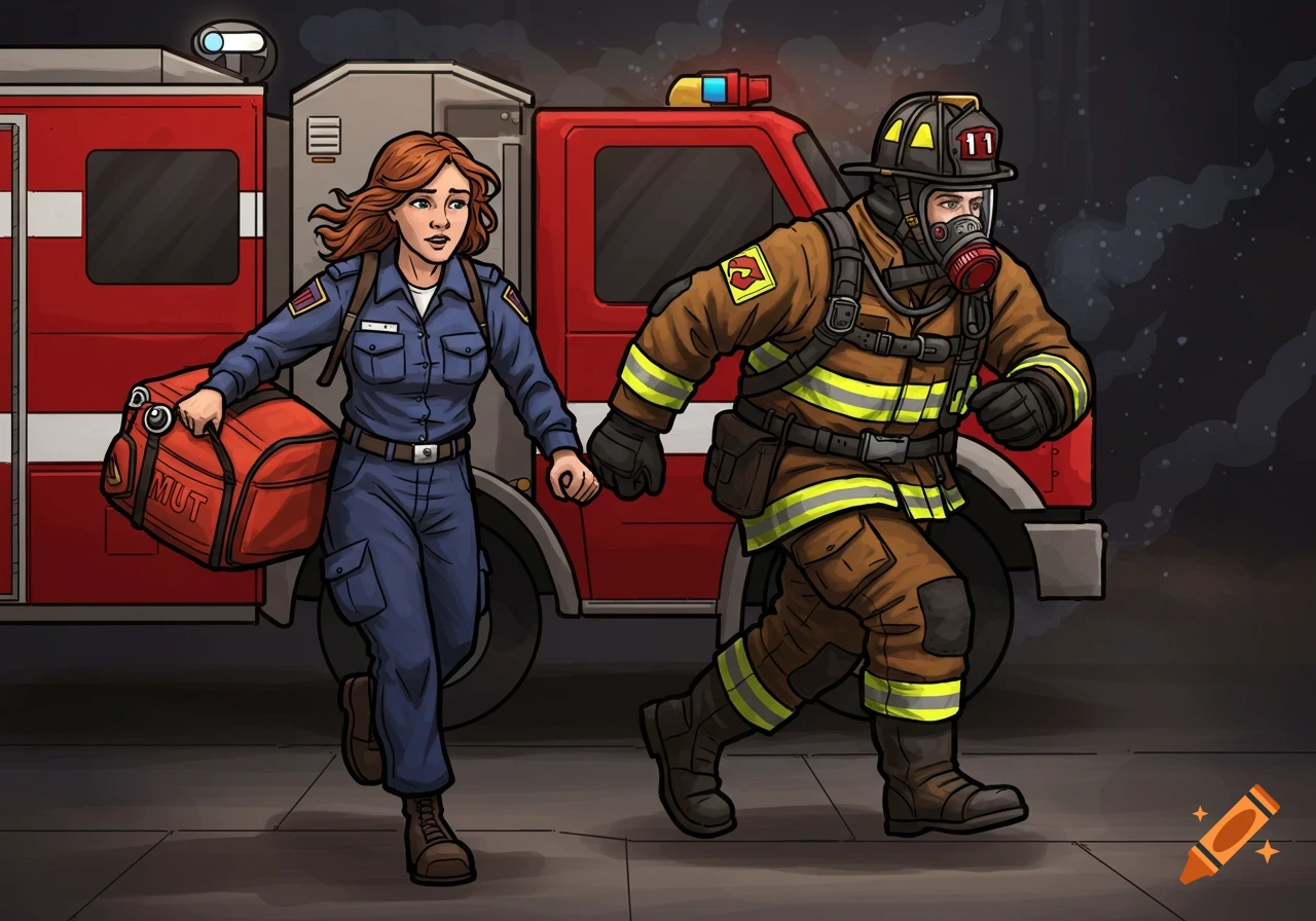 Illustration of an EMT and firefighter running from a fire truck. on ...