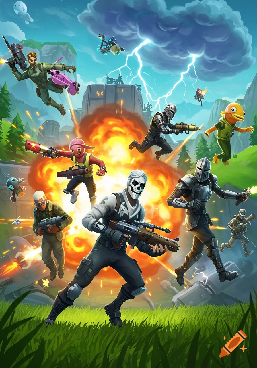 Fortnite characters including Skull Trooper, Peely, and Fishstick in a ...