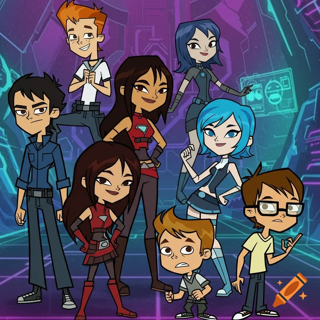 A group of stylized cartoon characters, designed in the Total Drama ...