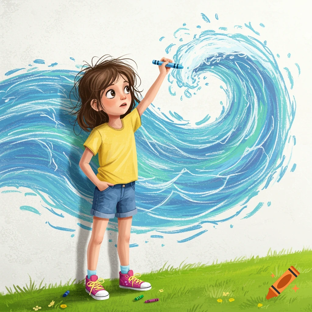 An illustration of a young child drawing a big blue wave on a wall with ...
