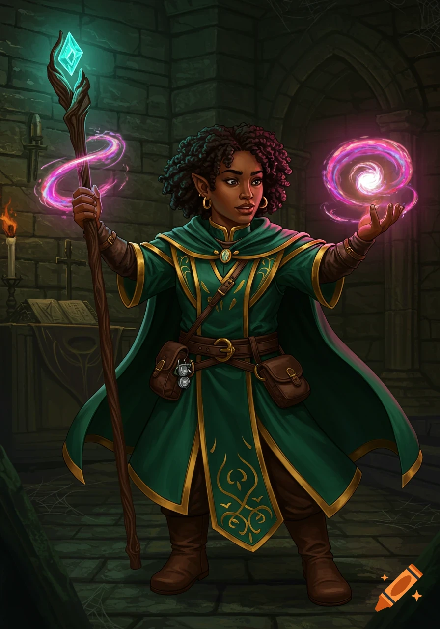 A Black female halfling sorcerer in green robes holding a staff and ...