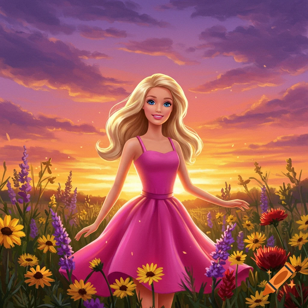 Barbie in a pink dress stands in a field of colorful flowers at sunset ...