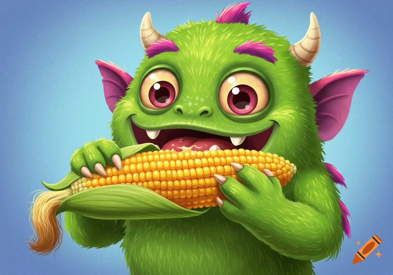 A cute green cartoon monster happily eats a large ear of corn. on Craiyon