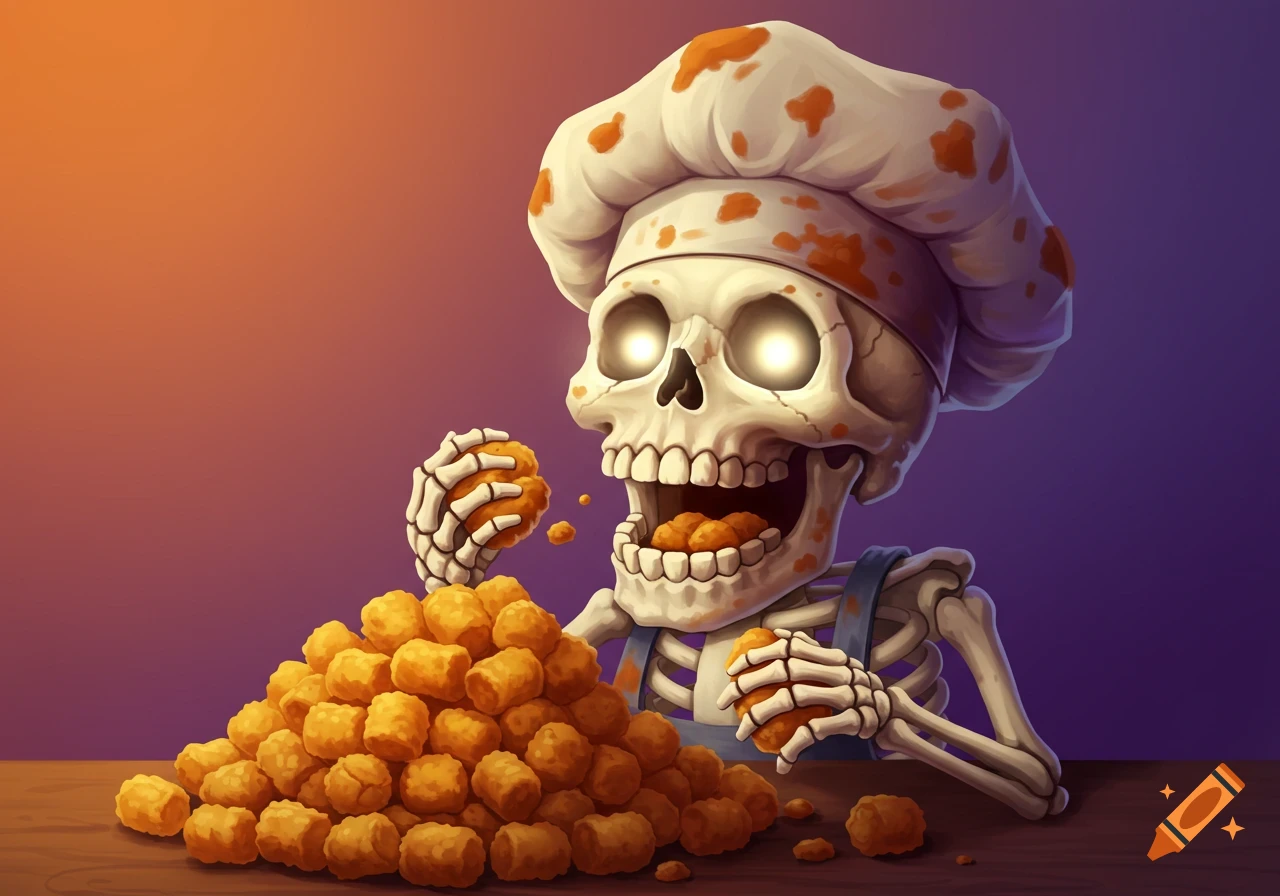 A cartoon skeleton chef happily eats from a large pile of tater tots ...