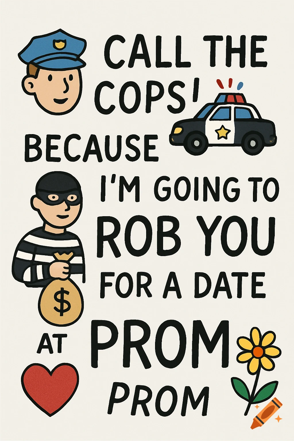 Cartoon promposal poster with policeman, robber, police car, heart, and ...