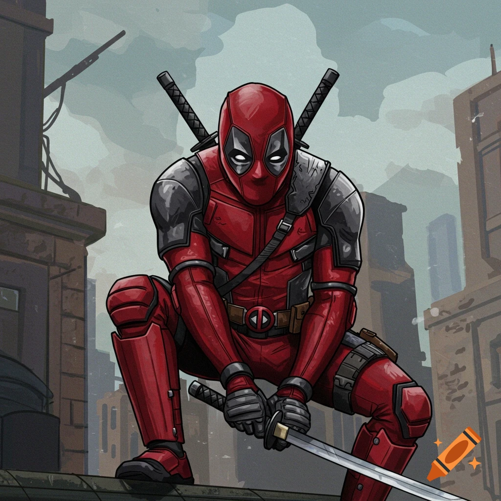 Deadpool crouches on a rooftop, holding a sword, in a comic book style ...
