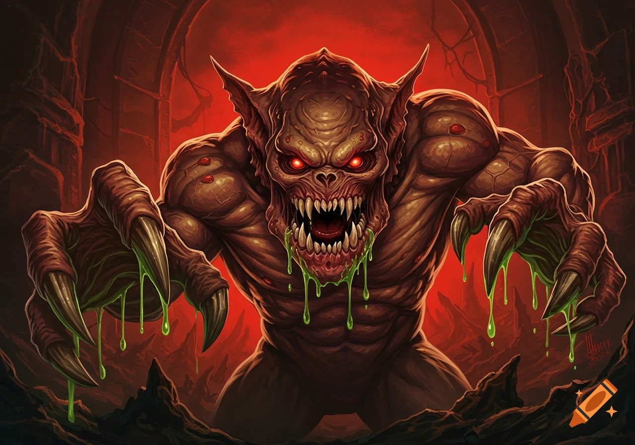 A terrifying fantasy monster with glowing red eyes, sharp teeth, dripping green slime, and large ...