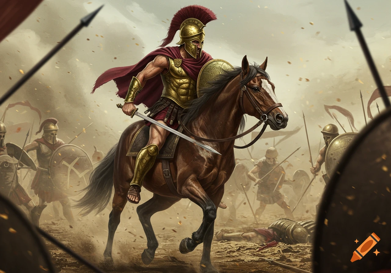 Ancient warrior in golden armor and red cape rides a horse through a ...