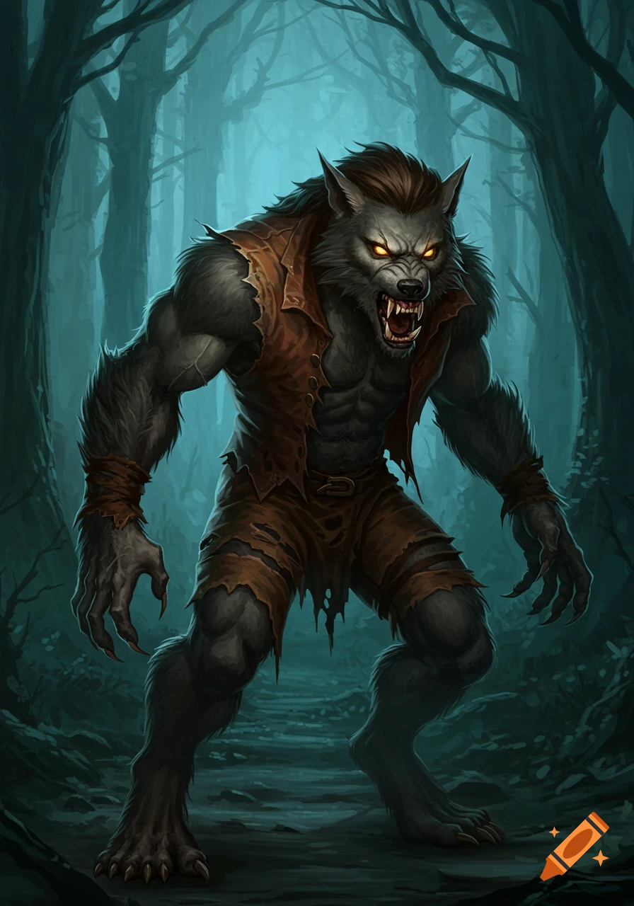 An intimidating werewolf with glowing eyes and ripped clothes stands in ...