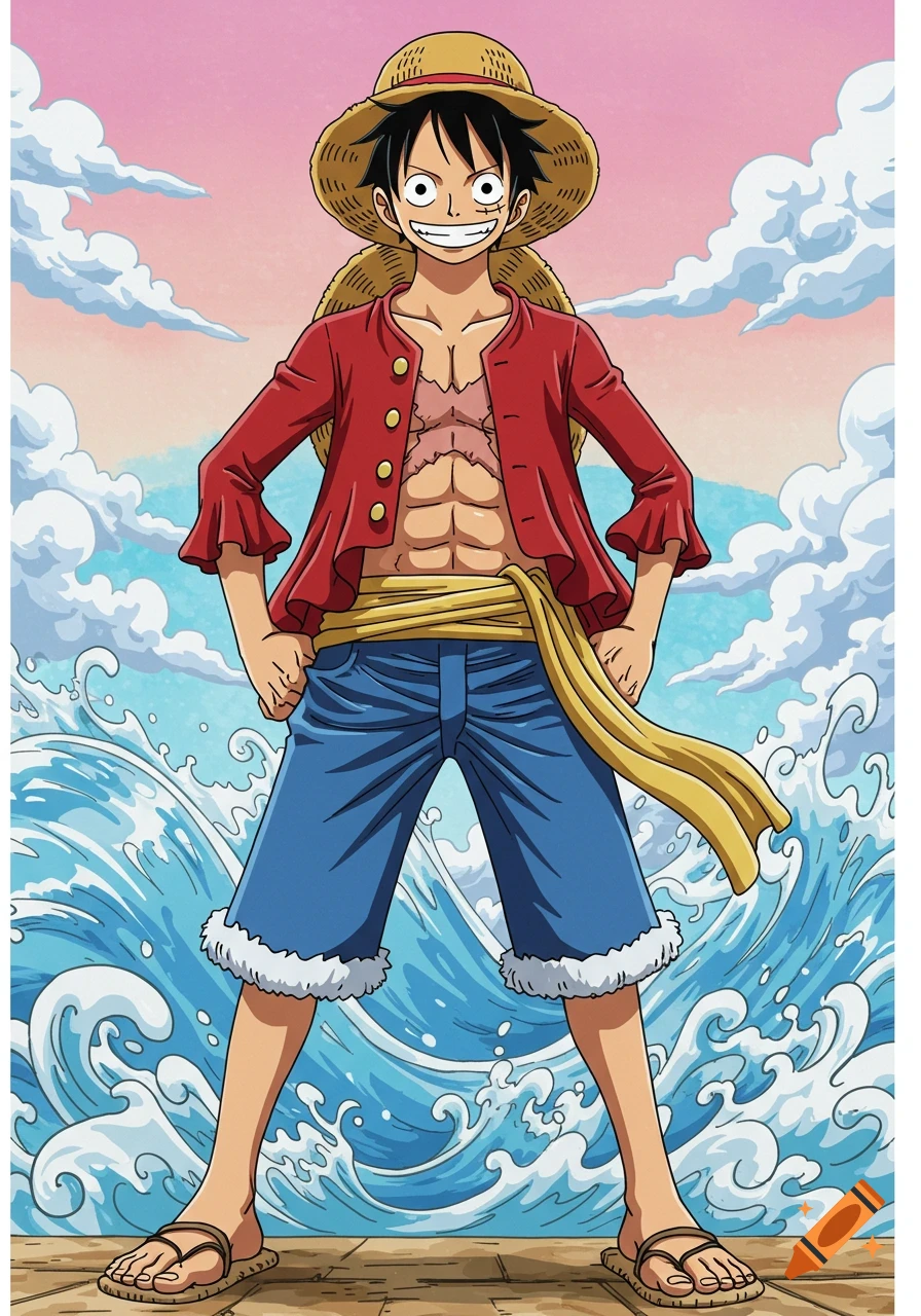 Luffy from One Piece stands on a dock with water behind him. on Craiyon