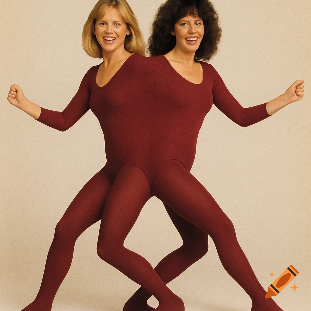 Two women merged into one body with two heads and four legs, posing in ...