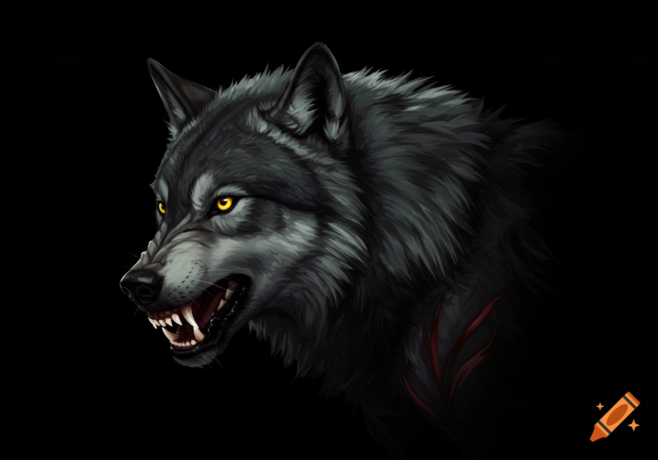 A dark grey wolf growls fiercely, showing fangs, against a black ...