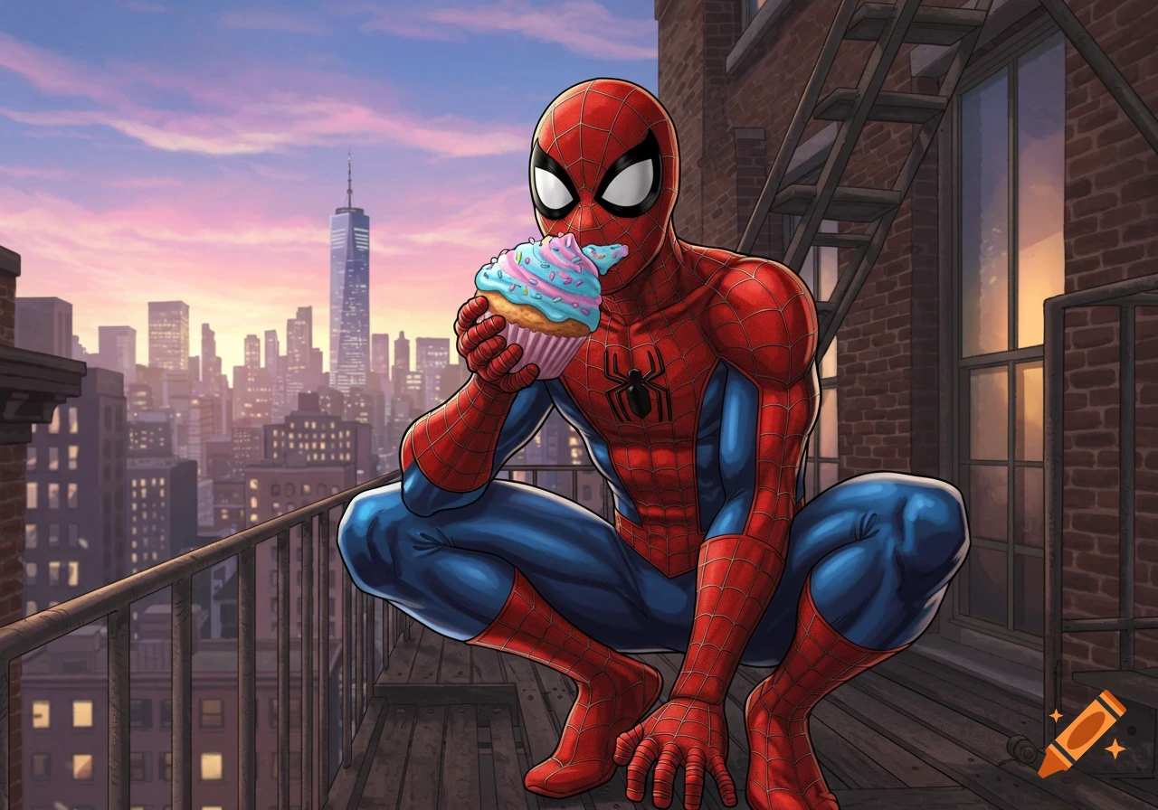 Spider-Man squats on a rooftop eating a cupcake with a city skyline ...