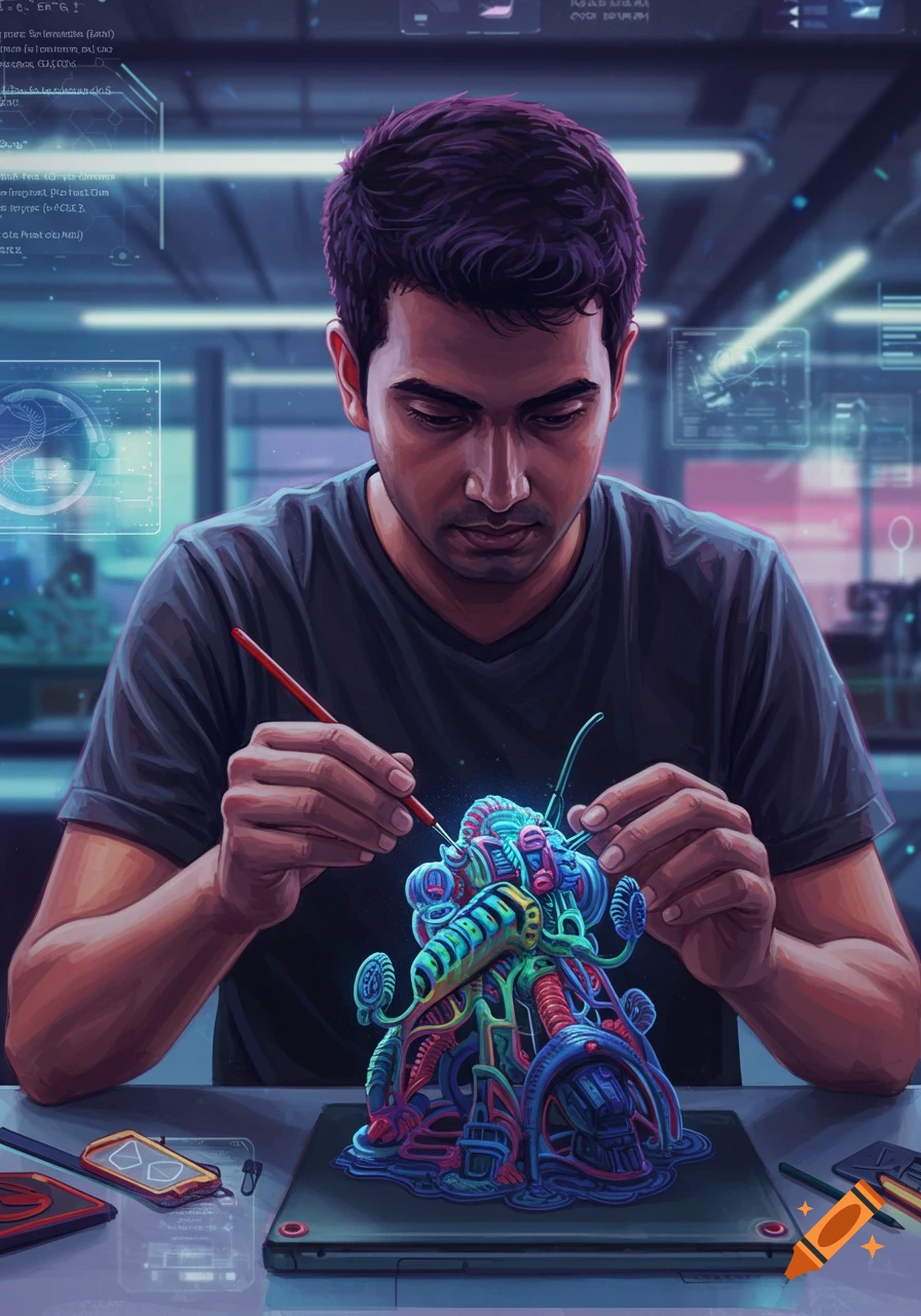 A man works on a colorful, complex model in a futuristic lab setting ...