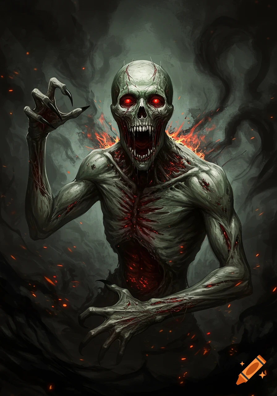 A skeletal, decaying horror creature with red eyes and exposed ribs ...