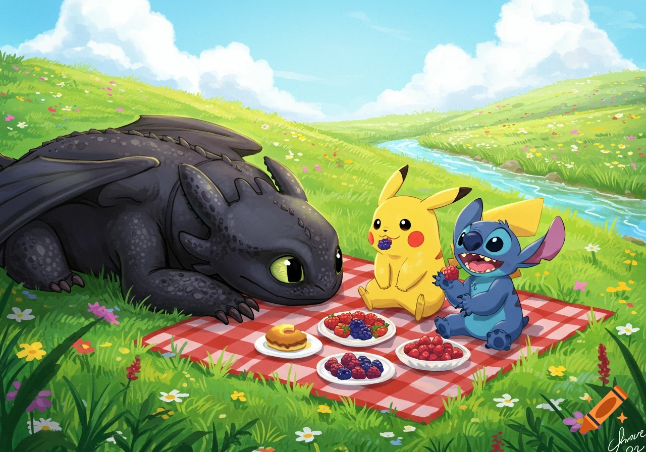 Toothless, Pikachu, and Stitch sitting on a picnic blanket in a grassy ...