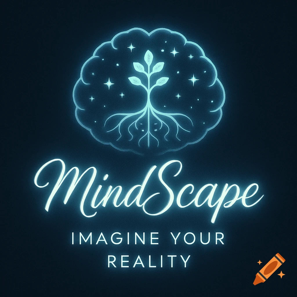 Glowing blue logo with a brain and tree symbol and the text MindScape IMAGINE YOUR REALITY. on ...