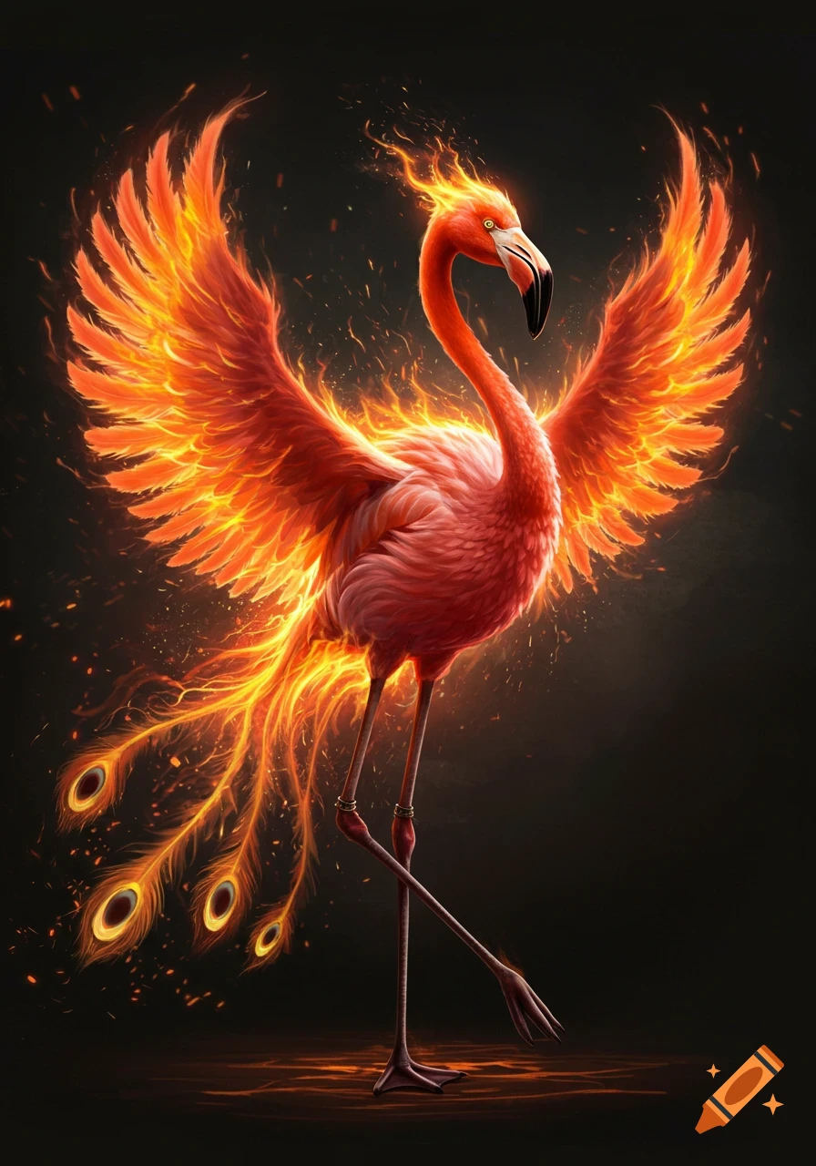 A flamingo transforming into a phoenix with fiery wings and tail ...