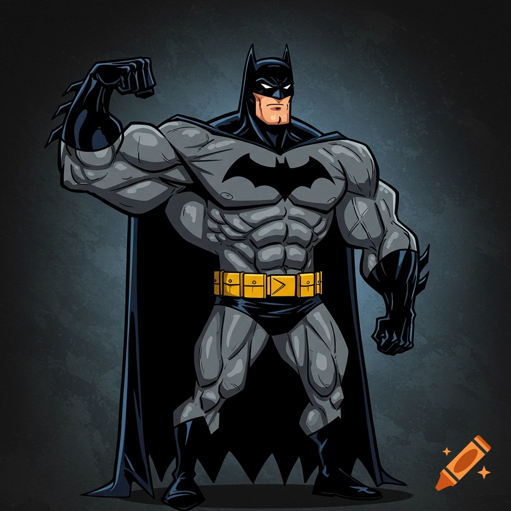 Cartoon illustration of a very muscular Batman flexing his arm. on Craiyon