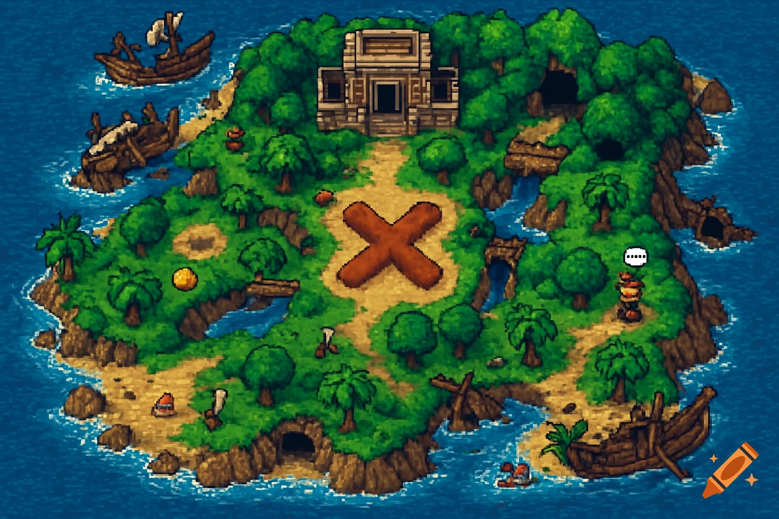 Pixel art map of a treasure island with forest, beaches, cliffs, a ...