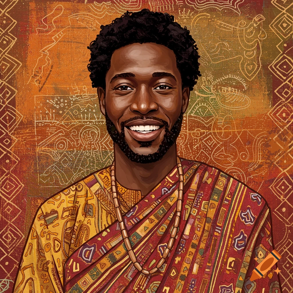 Portrait of an African man in traditional clothing in a colorful Mola ...