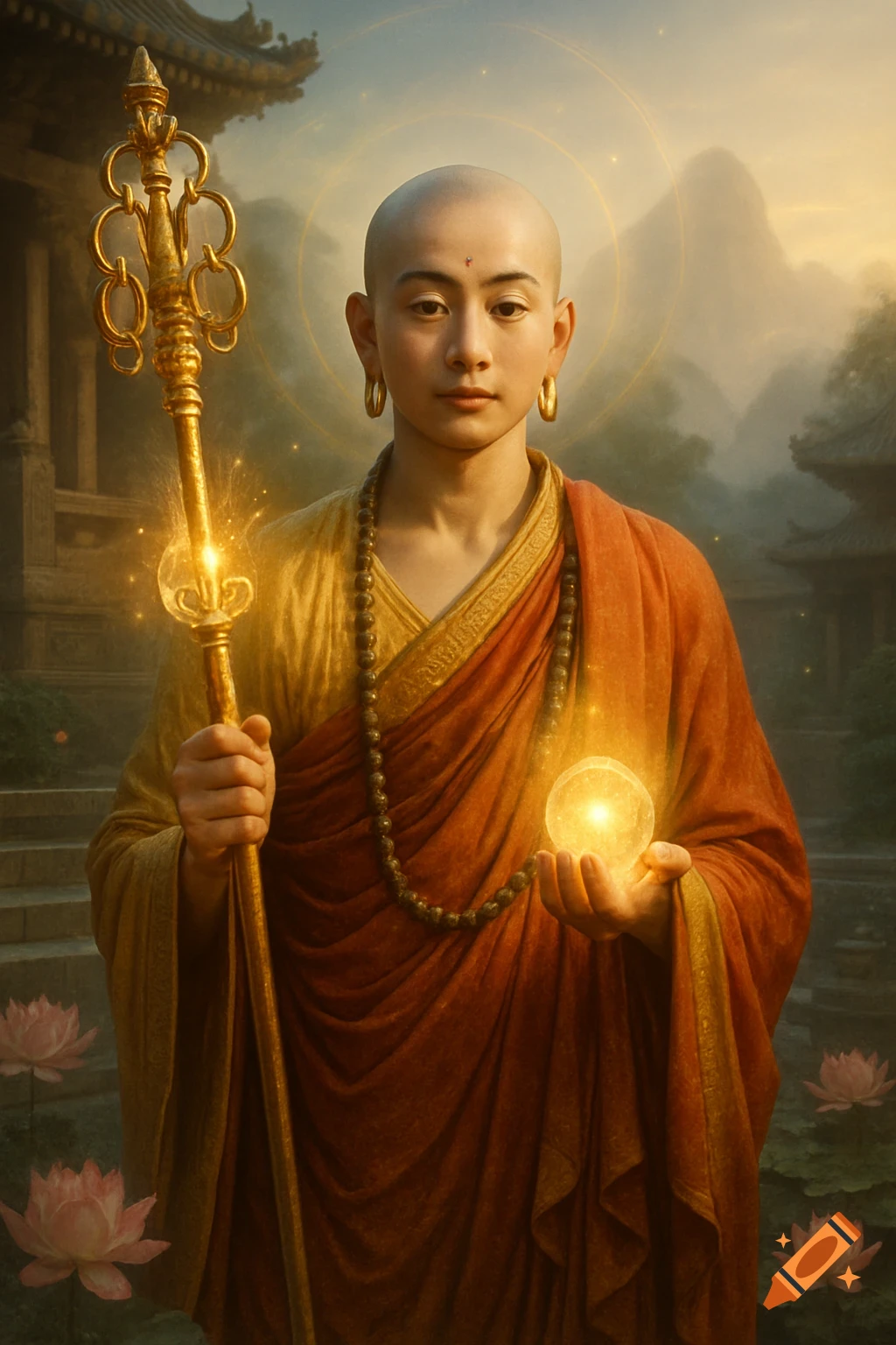 Photorealistic portrait of a young monk holding a glowing staff and ...