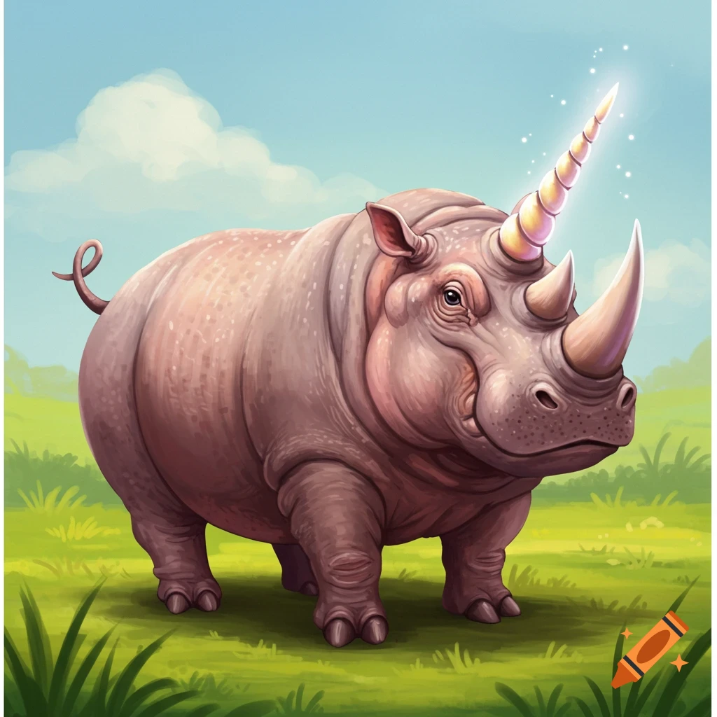 Cartoon illustration of a rhino-like creature with a unicorn horn and pig tail standing in a ...