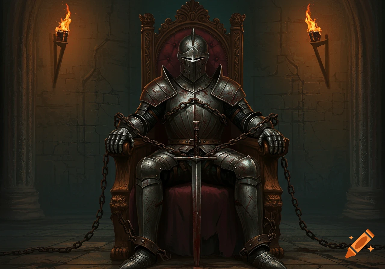 A fully armored knight chained to a throne in a dark, torch-lit room ...