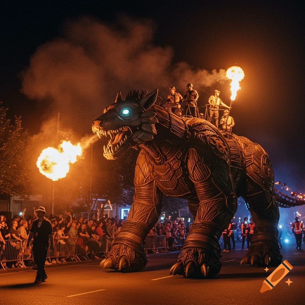 Large mechanical wolf creature breathing fire during a night parade ...
