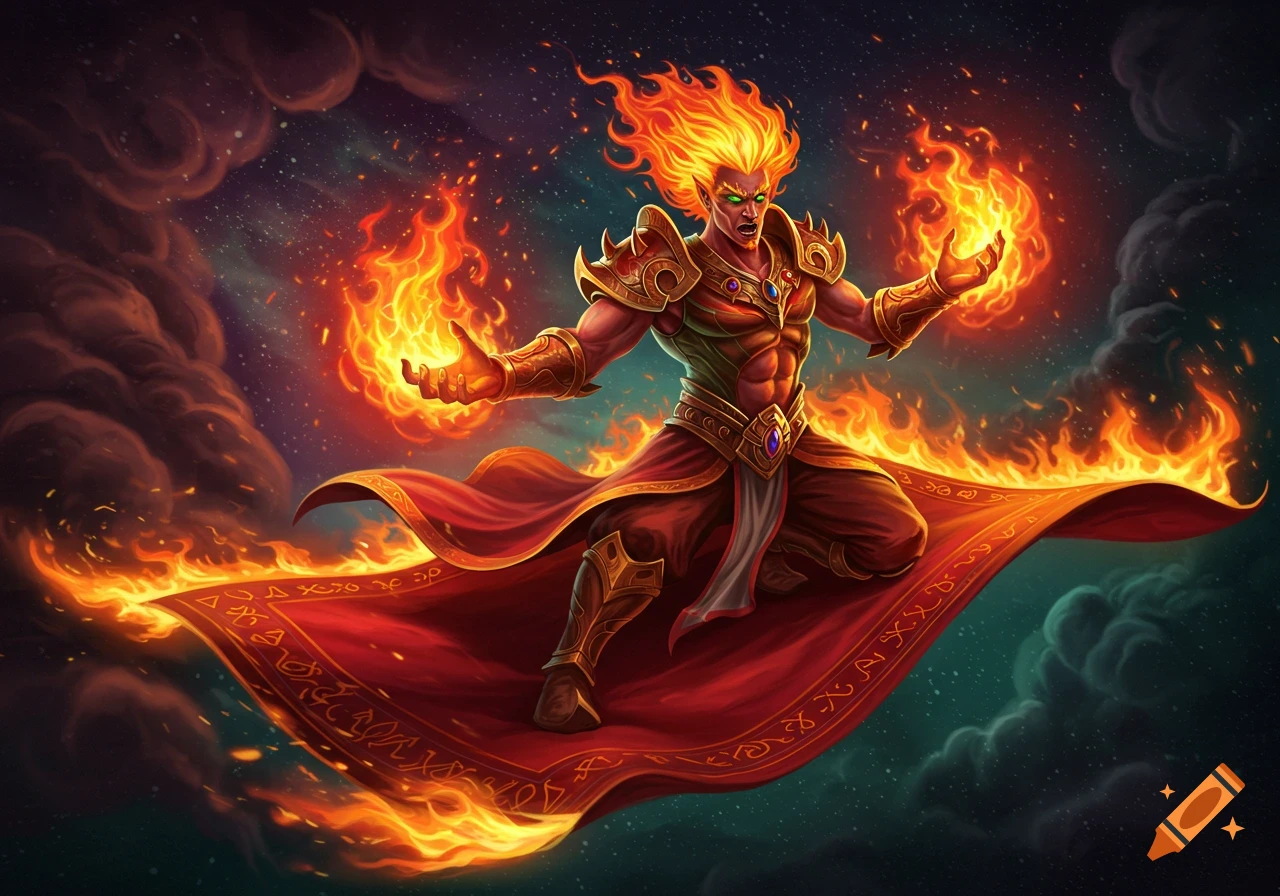 A powerful fire sorcerer flying on a red magic carpet, casting fire ...
