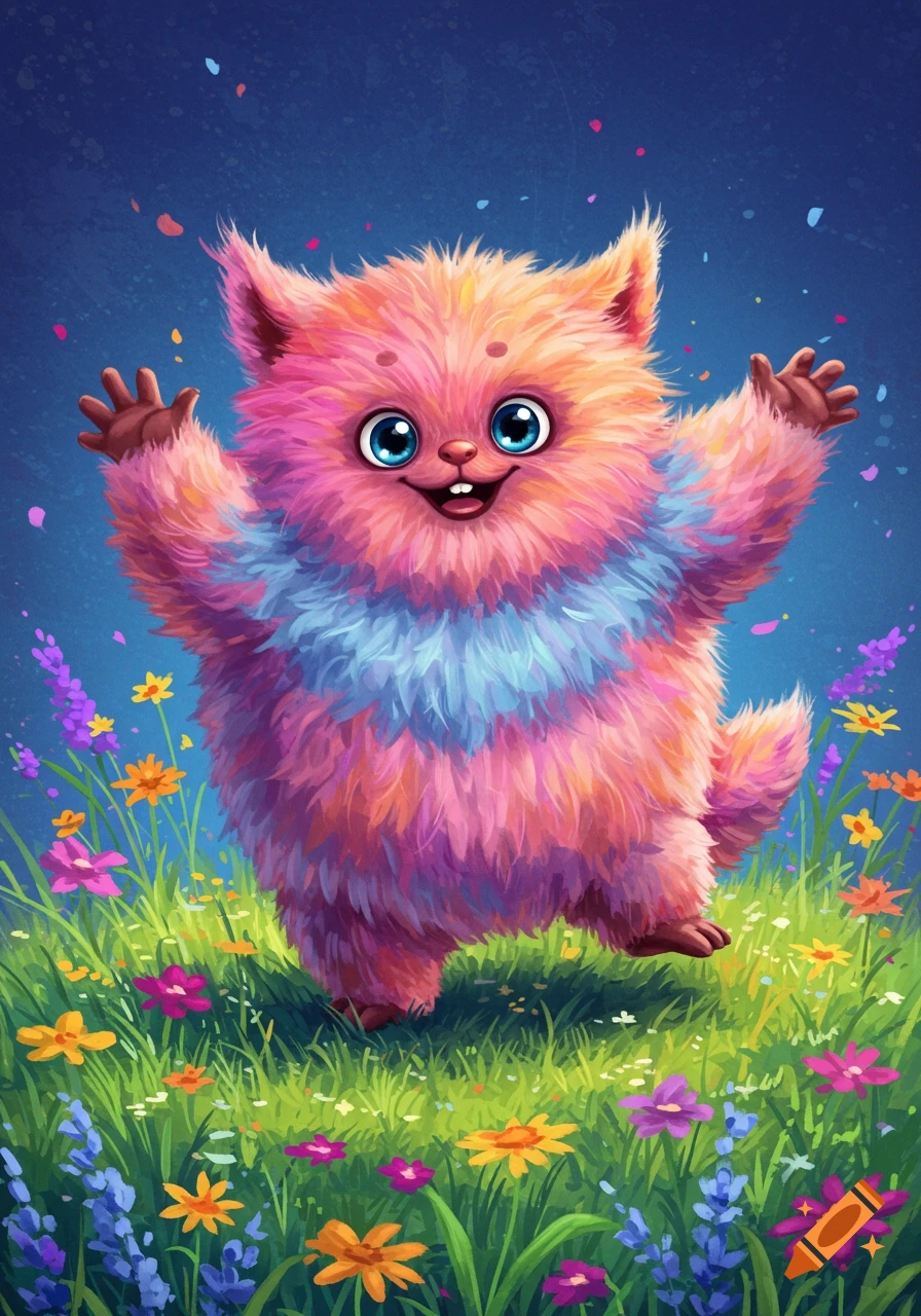 A fluffy, colorful creature stands in a field of flowers, illustration ...
