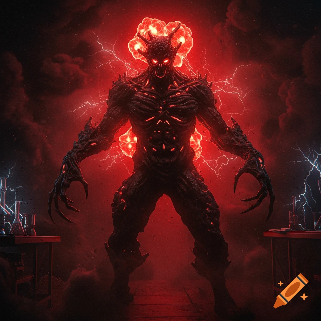 A large red demonic creature with glowing eyes and claws stands in a ...