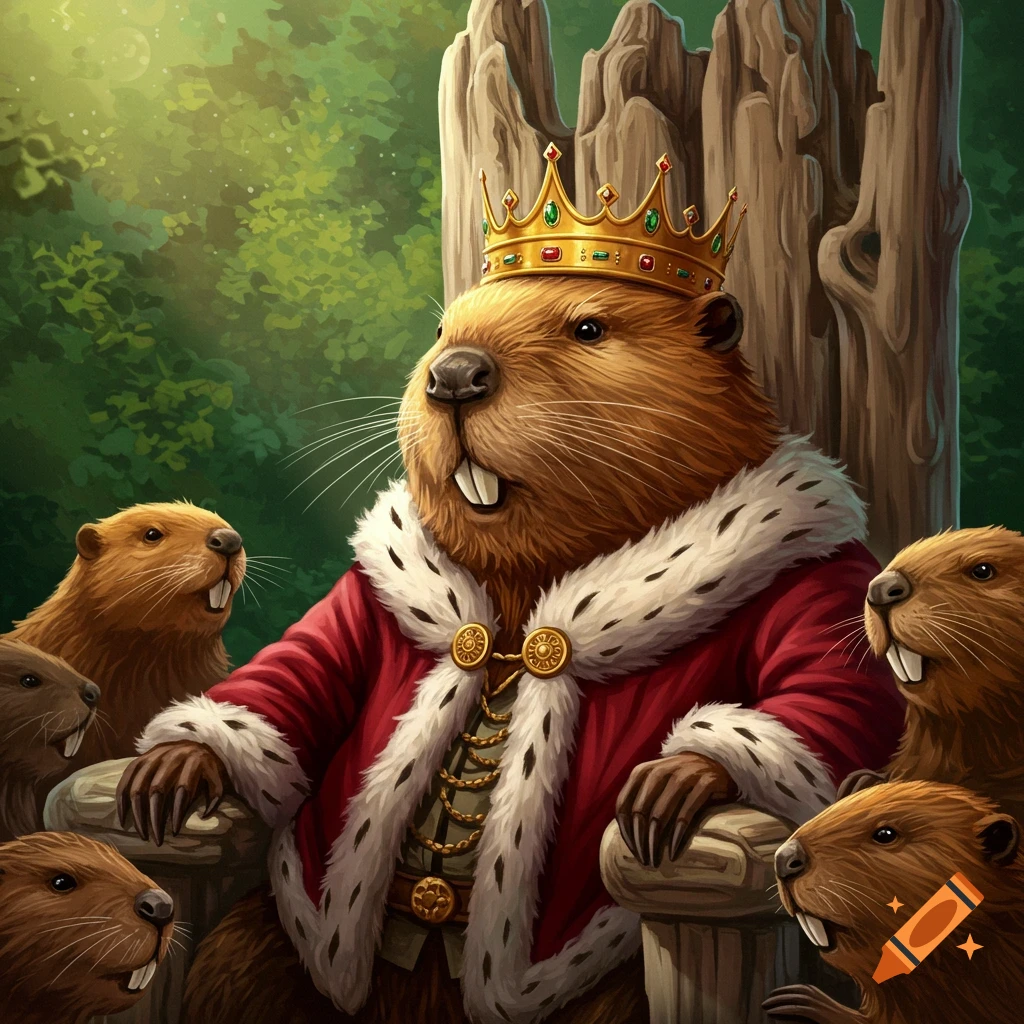 A beaver king in a crown and robe sits on a log throne in a forest ...
