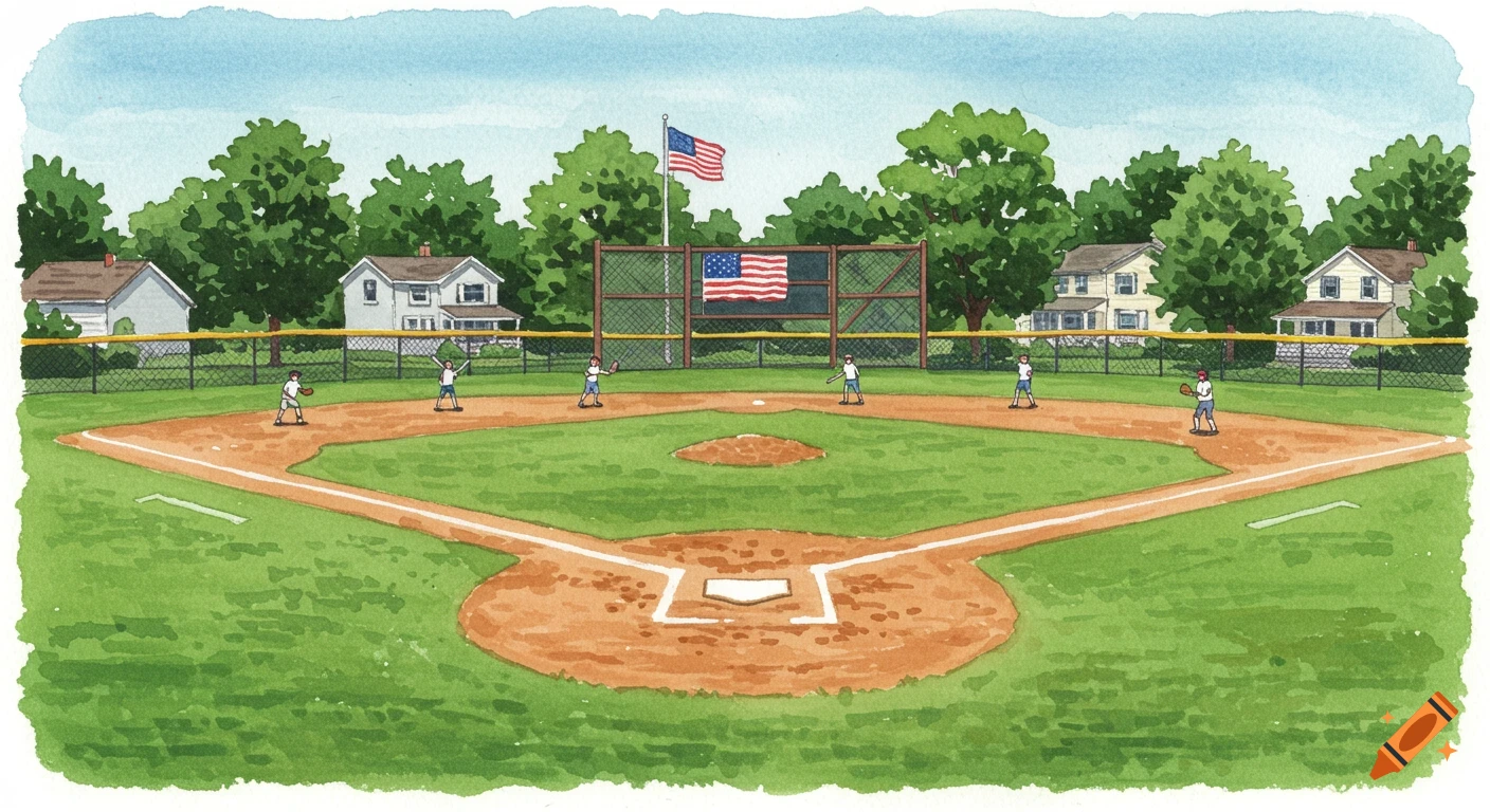 Watercolor illustration of a neighborhood baseball field from home ...