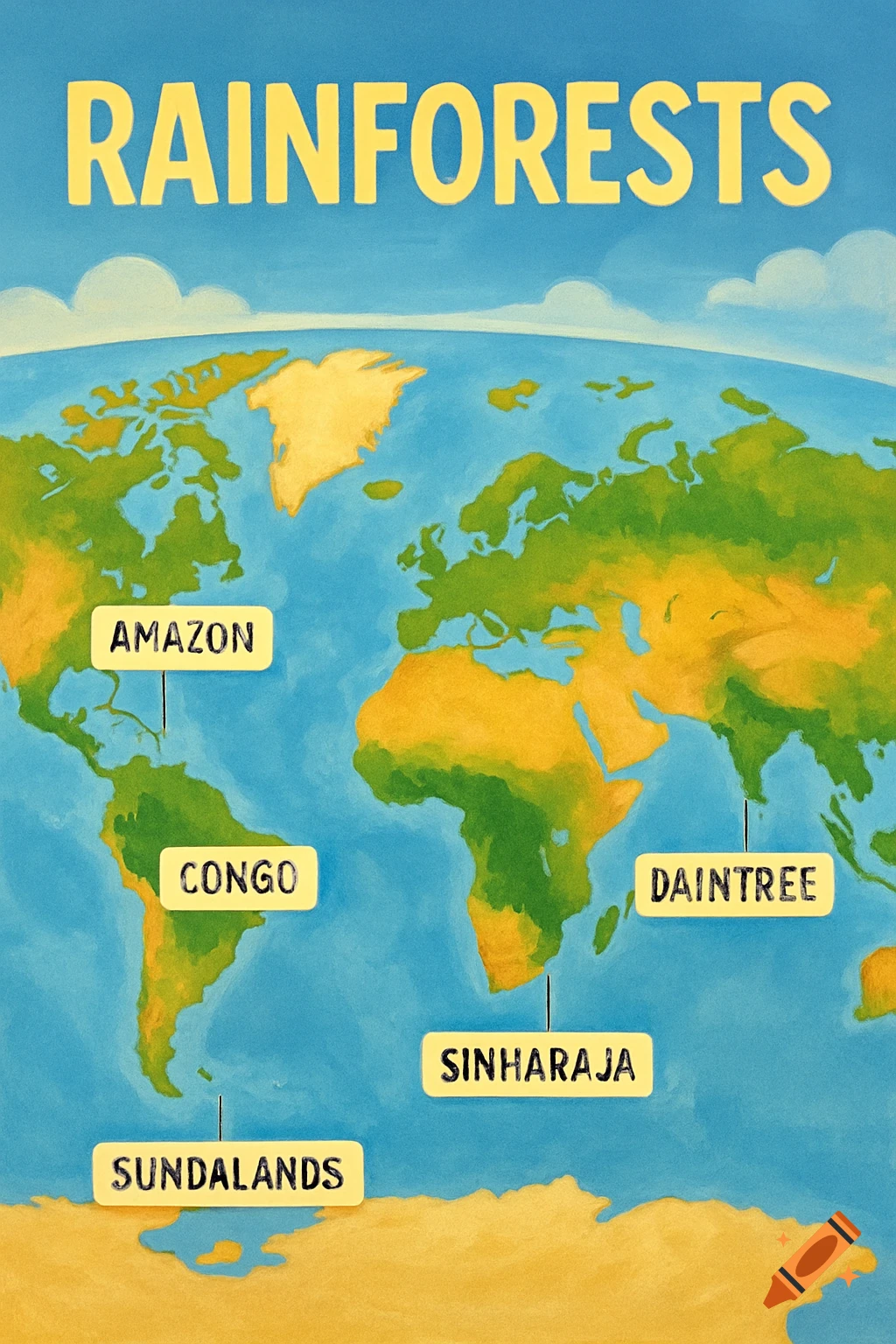 Colorful map poster showing the location of rainforests around the ...