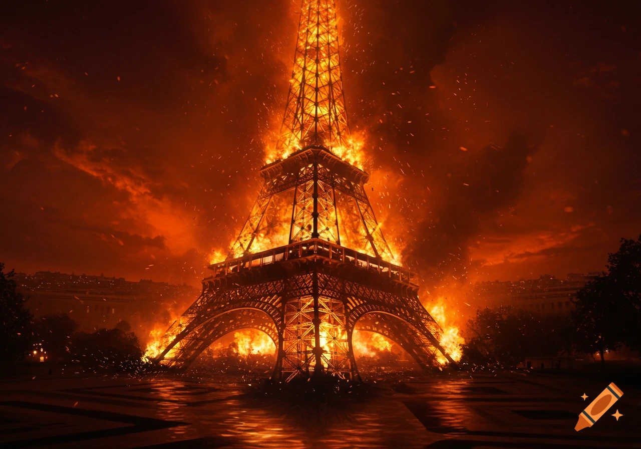 Eiffel Tower engulfed in flames under a dramatic fiery sky. on Craiyon