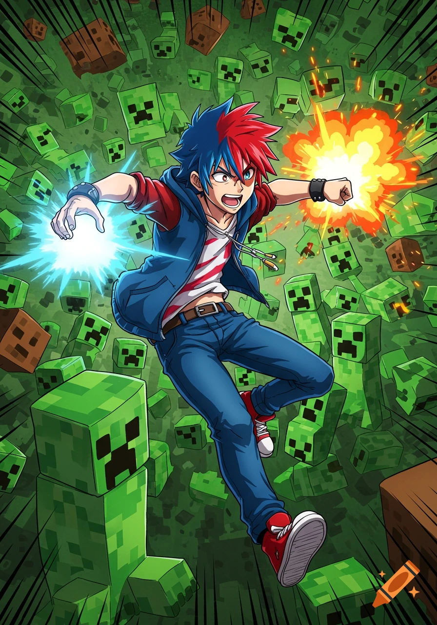 Anime character with red and blue hair fights a horde of Minecraft ...