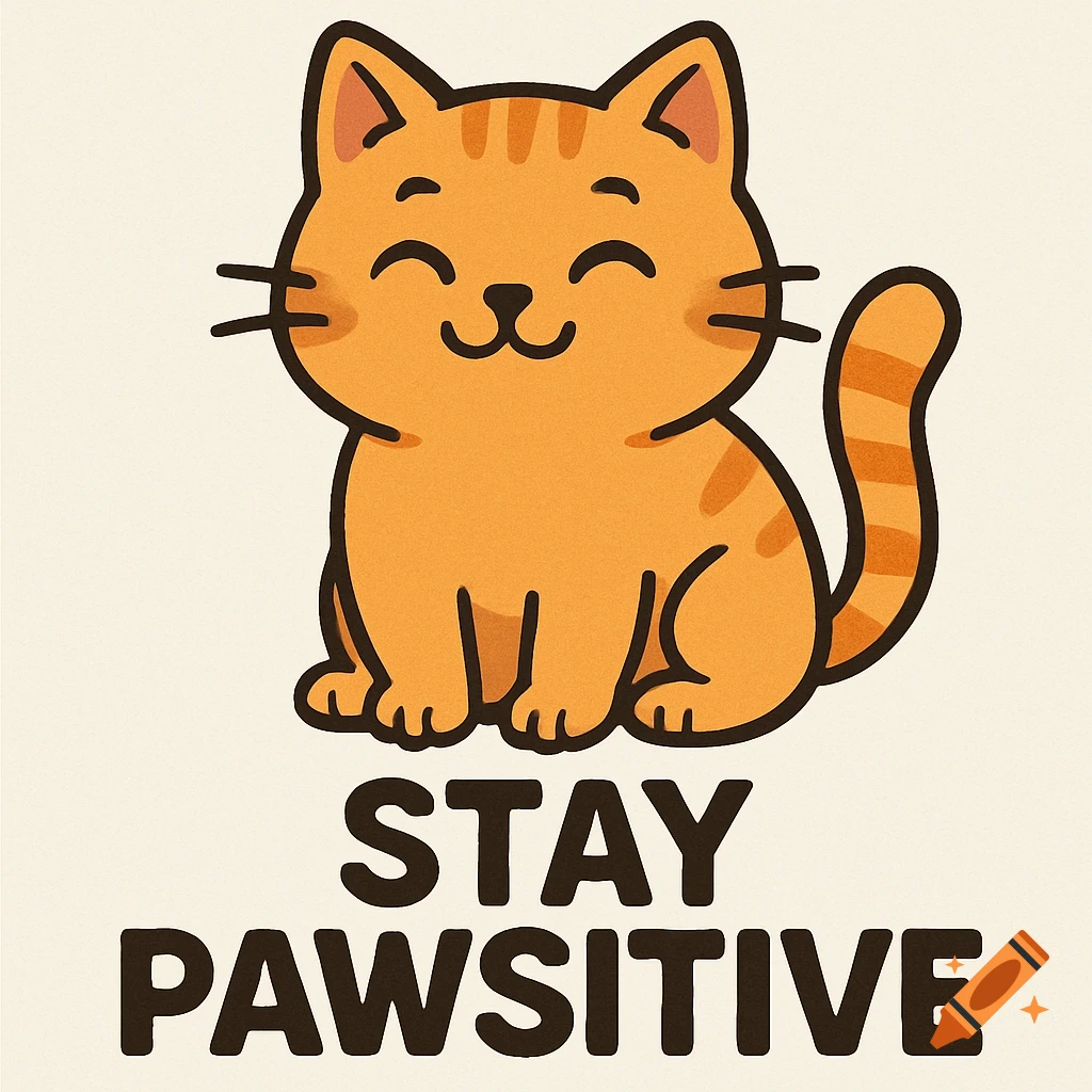 A cute cartoon orange tabby cat sits above the text "STAY PAWSITIVE ...