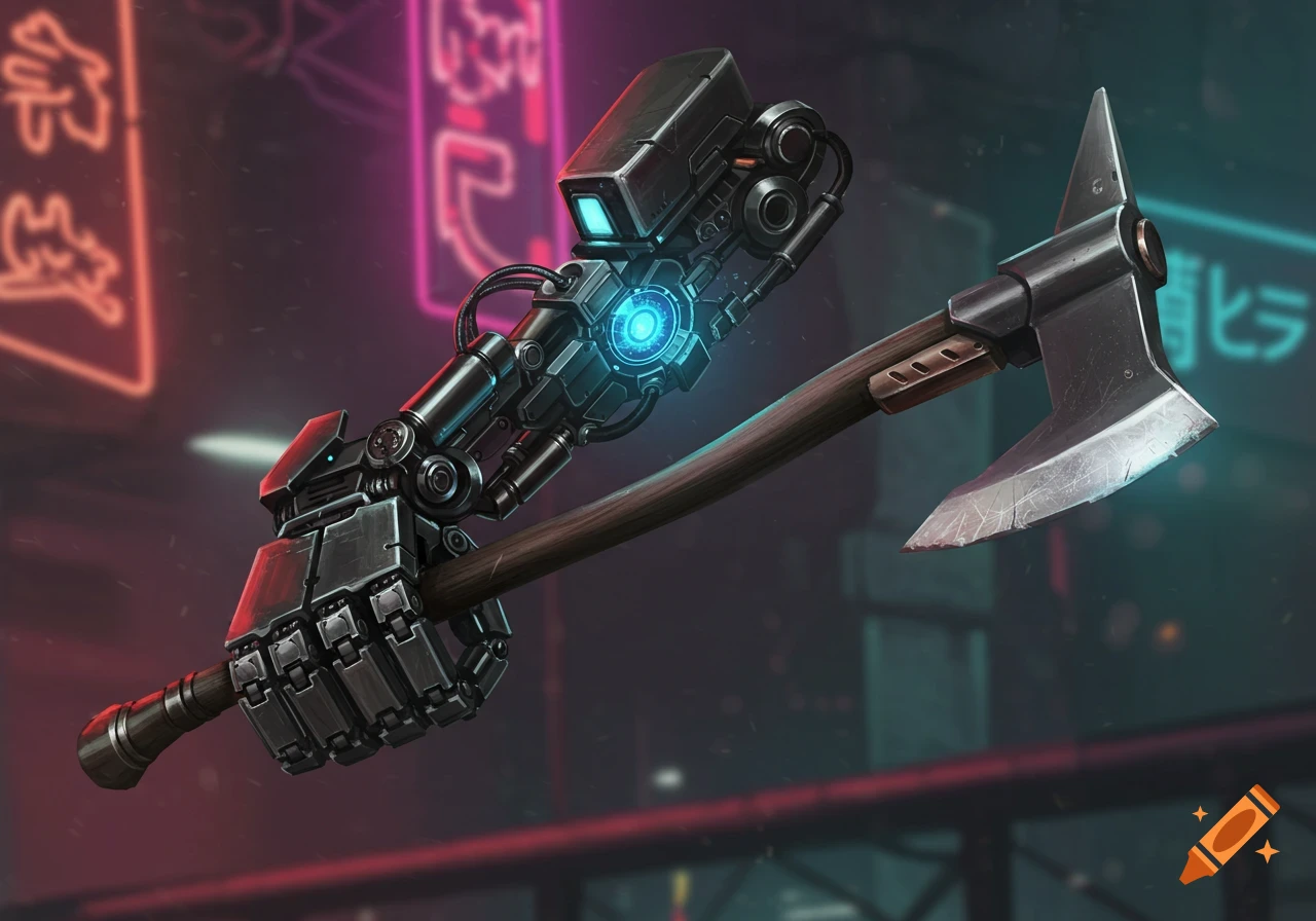 A futuristic robot arm integrated into an axe handle holds the axe in a ...