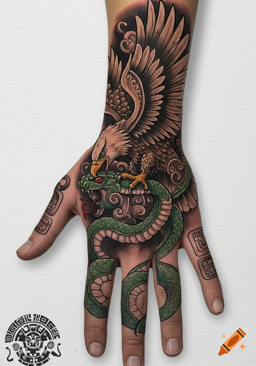 Aztec style tattoo on a hand of an eagle and serpent on Craiyon