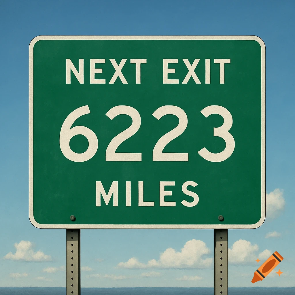 A green road sign showing 'NEXT EXIT 6223 MILES' on Craiyon