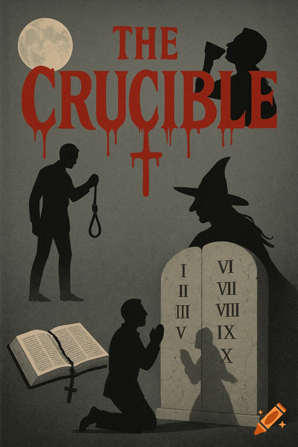 Stylized movie poster for The Crucible featuring silhouettes, dripping ...