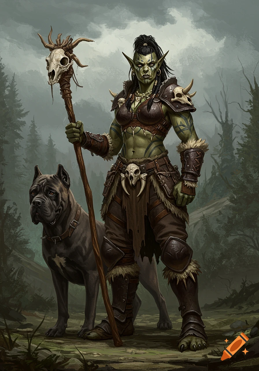 Female orc warrior with staff and dog in a forest, fantasy art. on Craiyon