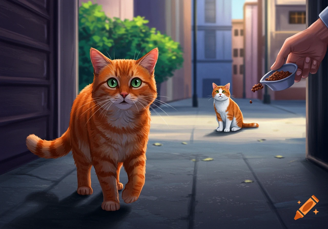 An orange tabby cat walks towards the viewer on a city street while ...