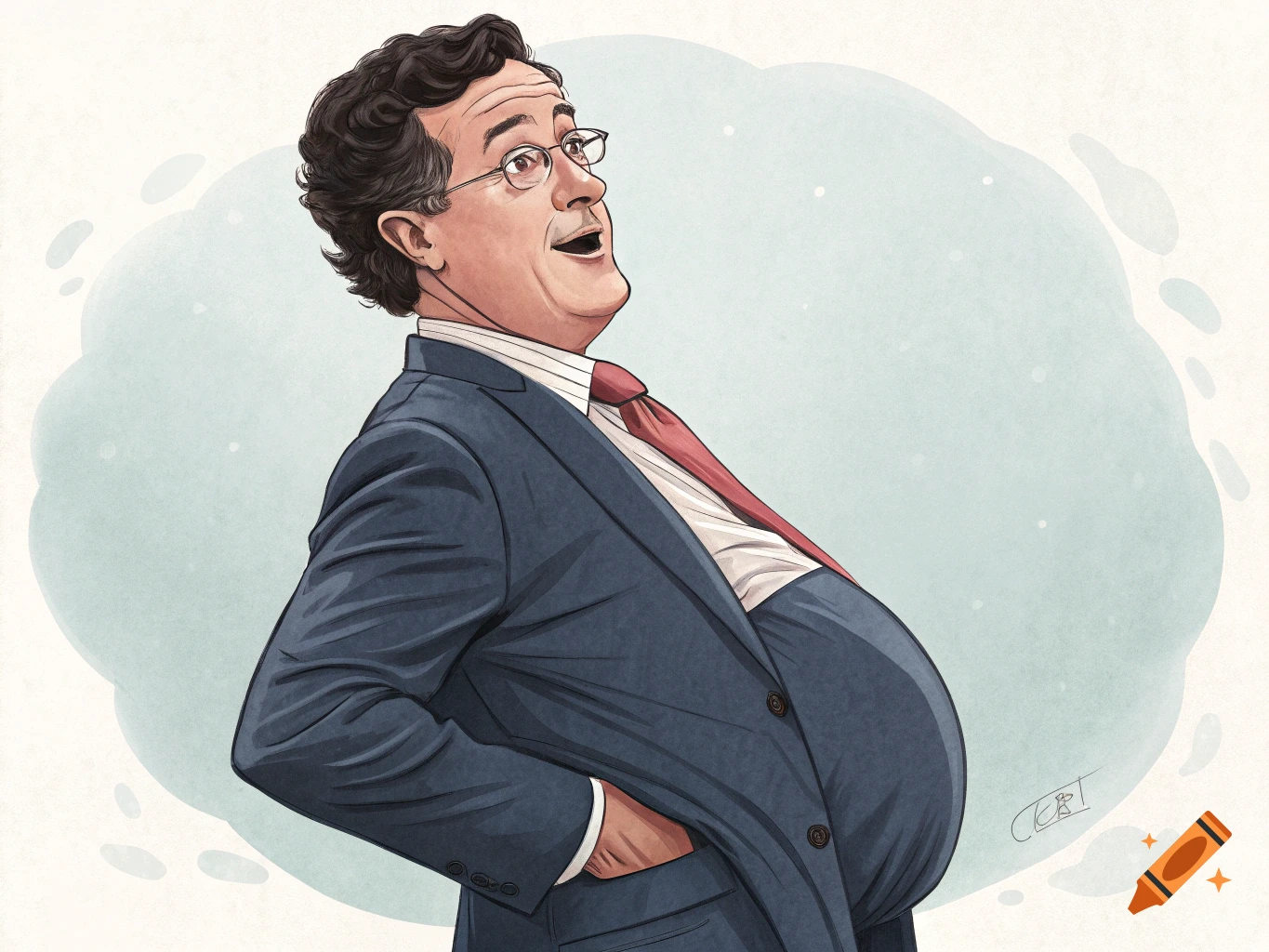 Cartoon illustration of Stephen Colbert in a suit with a pregnant belly ...